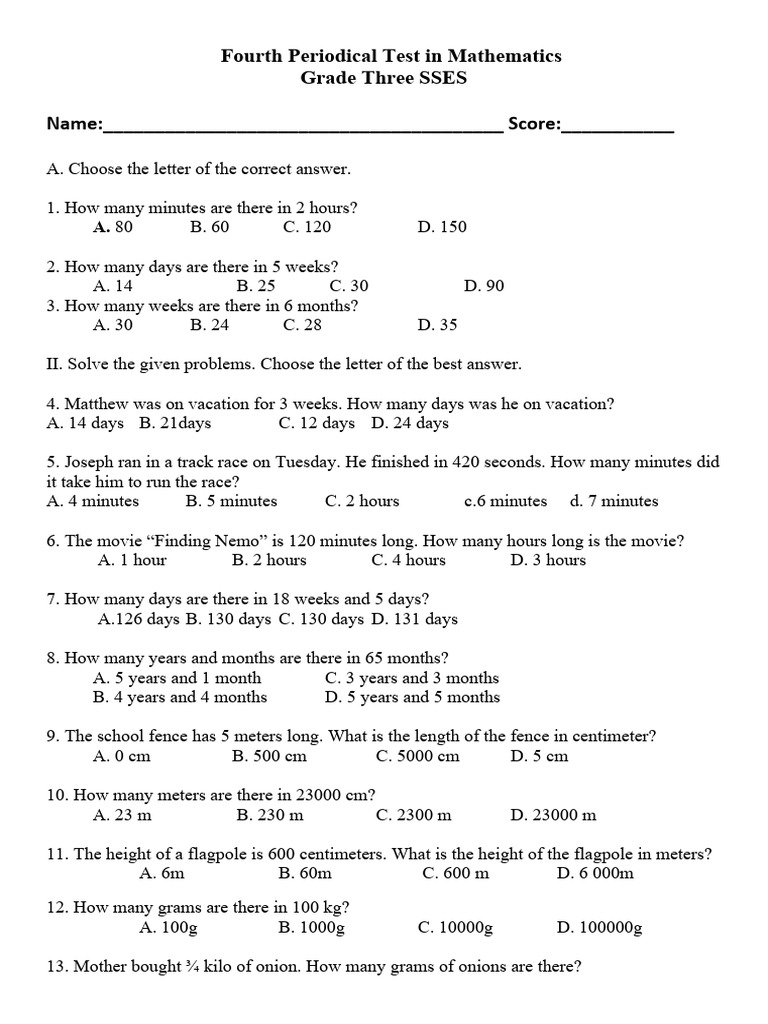Grade 3 Math Periodical Test 4th Quarter | PDF | Litre | Units Of ...