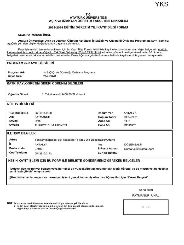 Kayıt Bilgi Formu | PDF