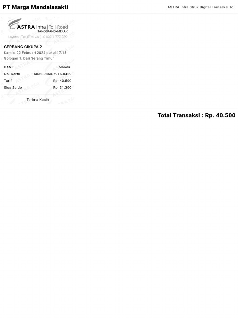 CONTOH ASTRA Infra Struk Digital Transaksi Toll - 2024226104324 | PDF