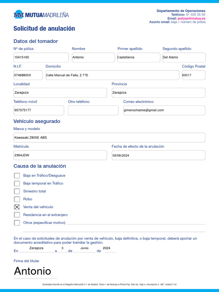 Solicitud Anulacion Poliza Auto+MM | PDF | Póliza de seguros