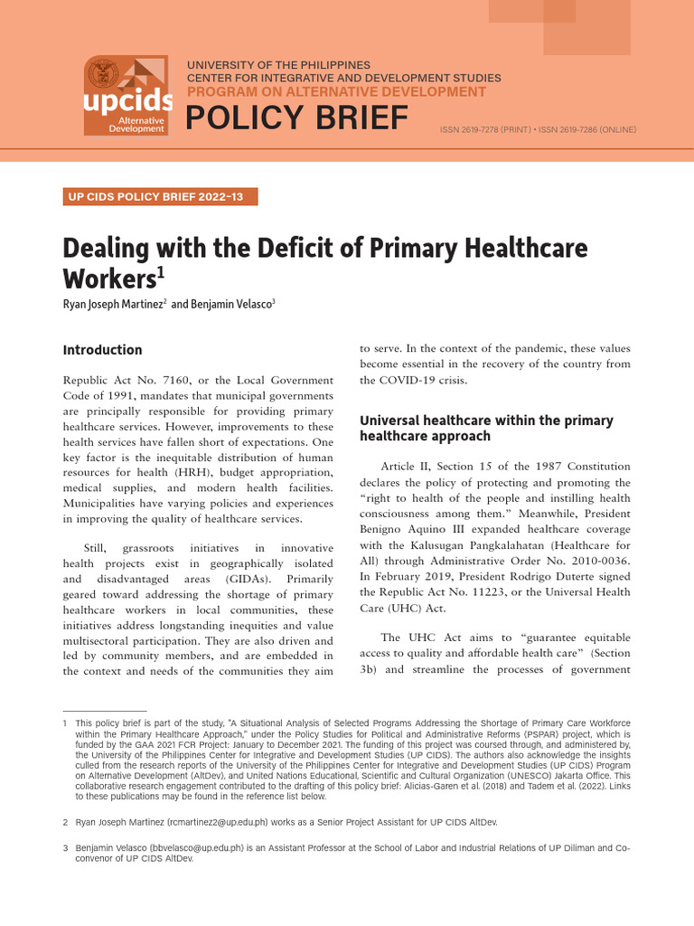Dealing With The Deficit of Primary Healthcare Workers Policy Brief 02 | PDF | Health Care ...