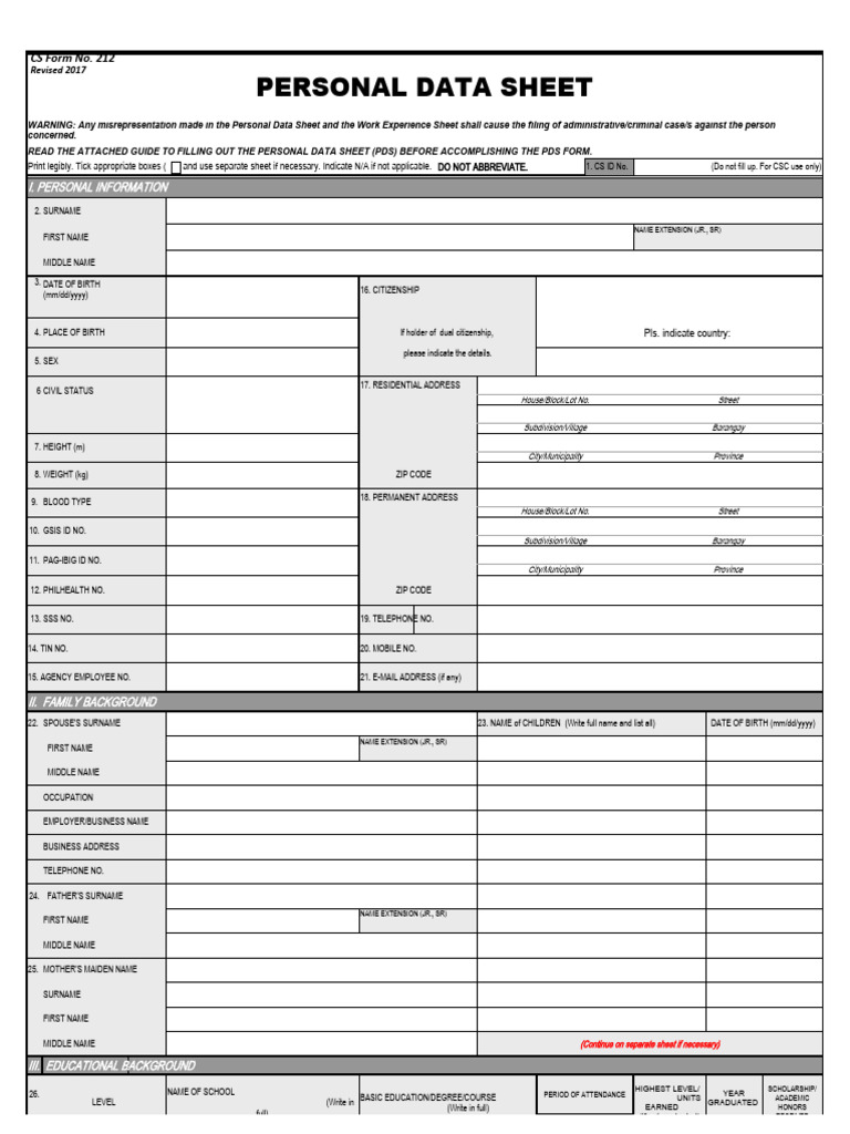 CS Form No. 212 Revised Personal Data Sheet (PDS) | PDF | Passport ...
