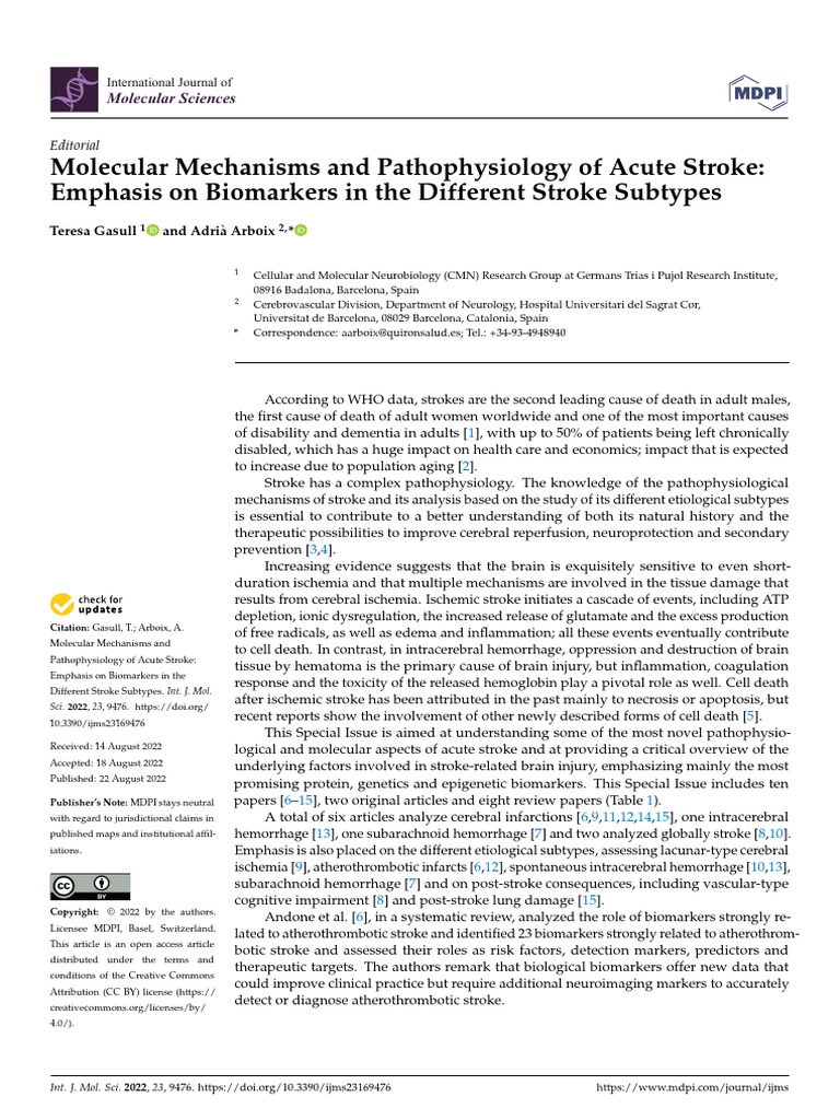 Molecular Mechanisms and Pathophysiology of Acute Stroke: Emphasis On Biomarkers in The ...