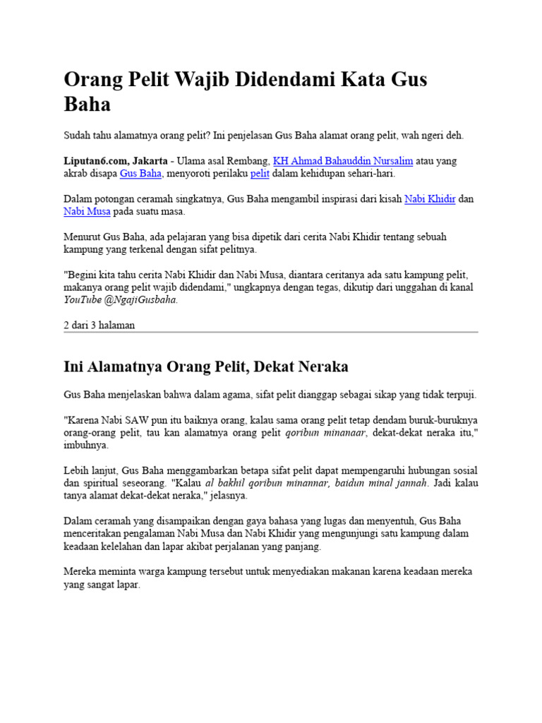 Orang Pelit Wajib Didendami Kata Gus Baha | PDF | Agama & Spiritualitas