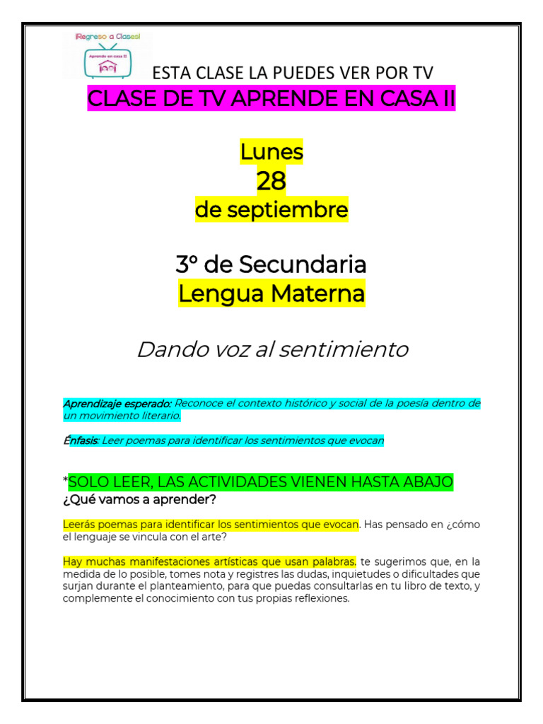 Lun-Lengua Materna Español-Clase TV Aprende en Casaii-Lun-28 | PDF | Poesía | Amor