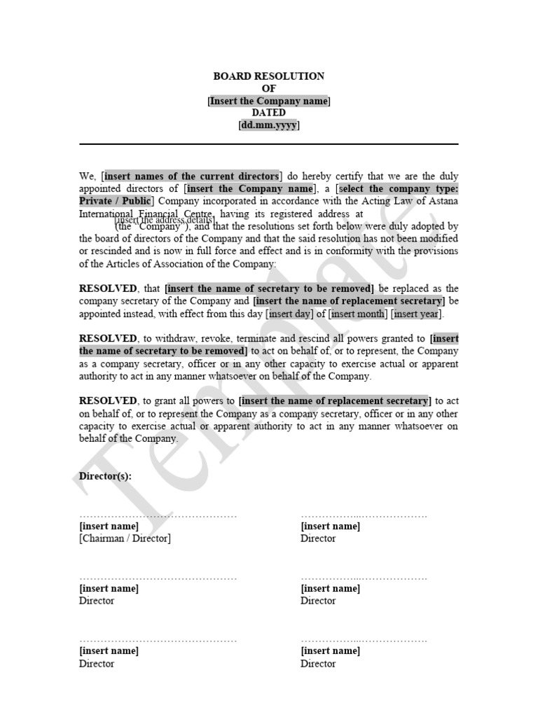 Board Resolution for Secretary Appointment | PDF