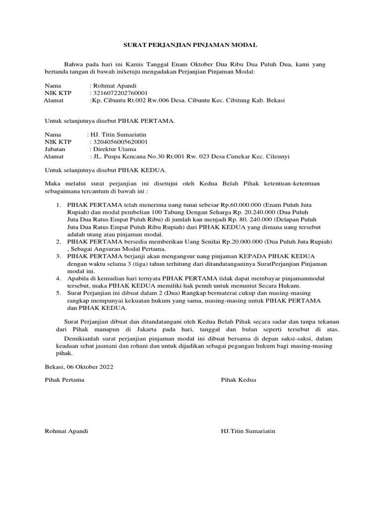 Surat Perjanjian Pinjaman Modal Pangkalan | PDF