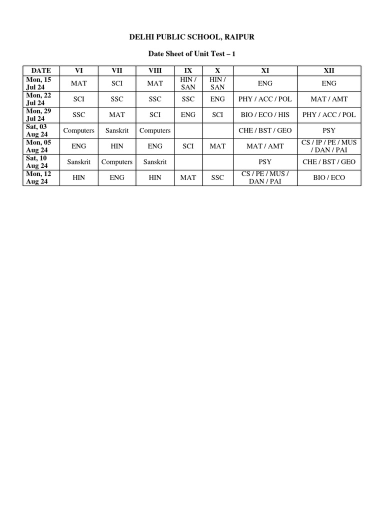 UT1 Date Sheet | PDF