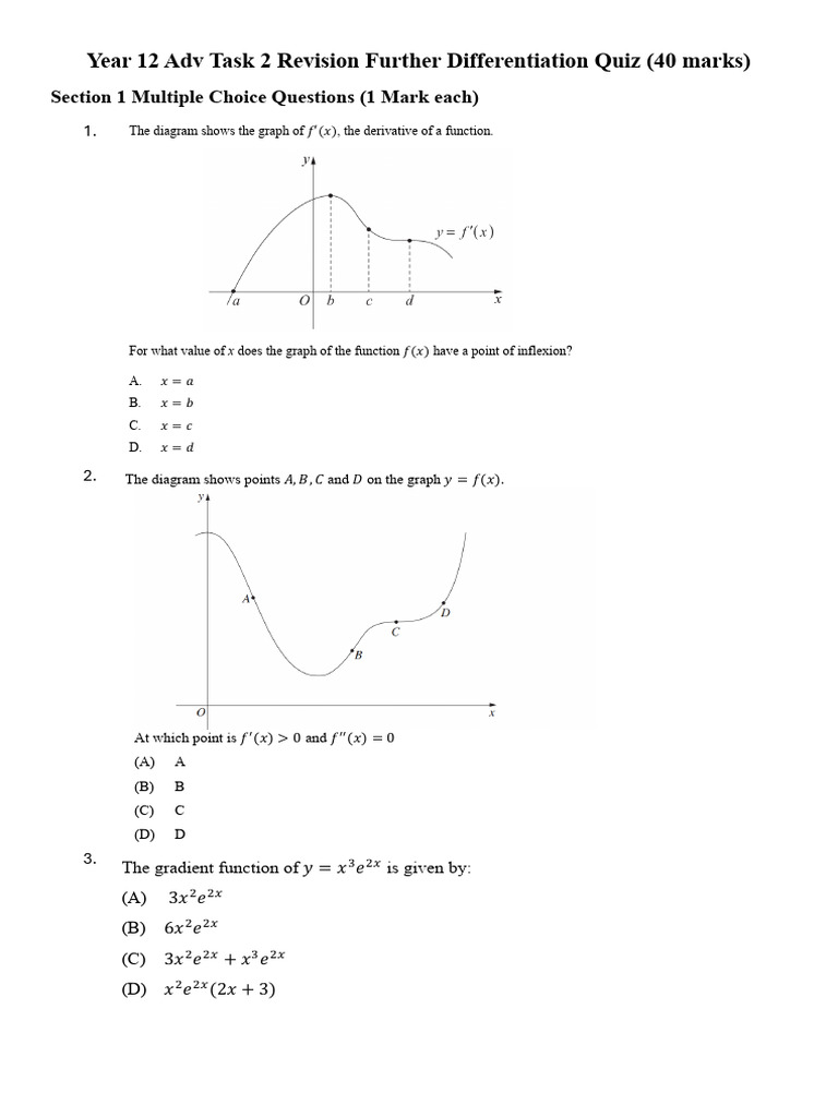 Year 12 Advanced Differentiation Quiz | PDF | Derivative | Function ...