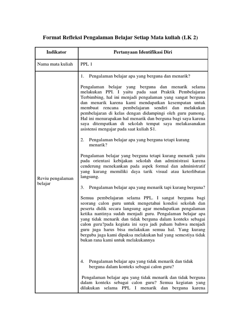 Format Refleksi Pengalaman Belajar PPL | PDF