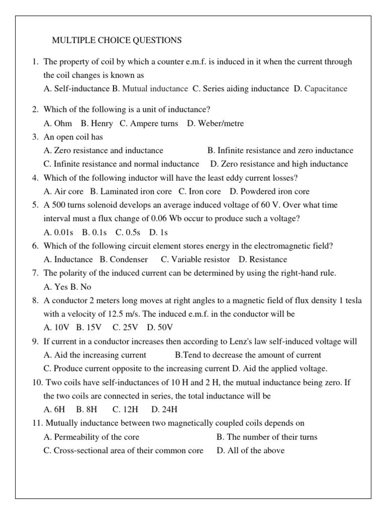 CLASS XII PHYSICS MCQ PART 1 CH-6 Electromagnetic Induction | PDF ...