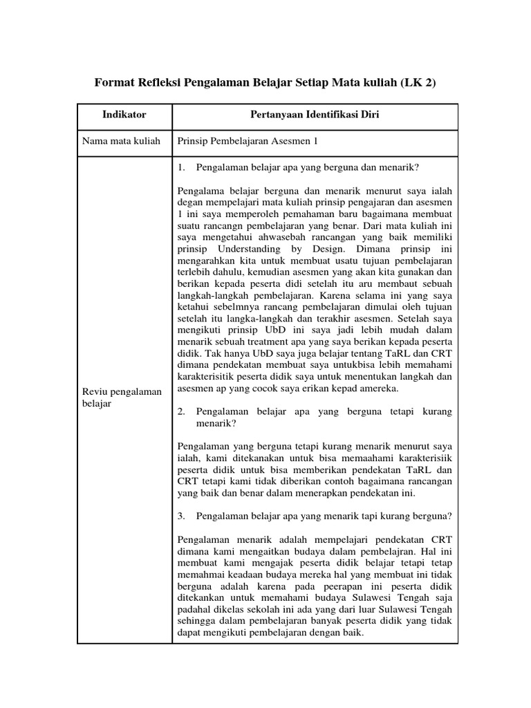 Format Refleksi Pengalaman Belajar PPA | PDF | Pengembangan Diri ...
