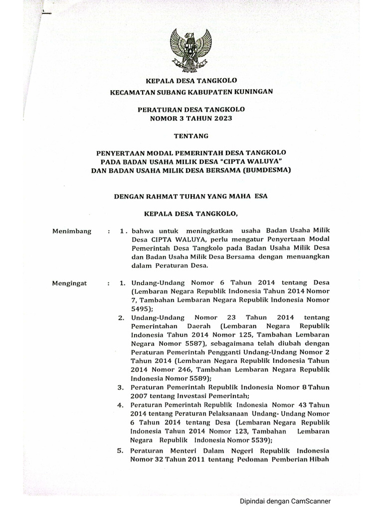 Peraturan Desa Tangkolo Kec Subang Nomor 3 Tahun 2023 | PDF