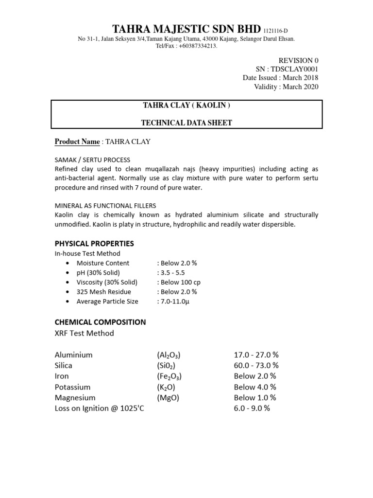 Technical Data Sheet for Tahra Clay | PDF | Clay | Silicon Dioxide