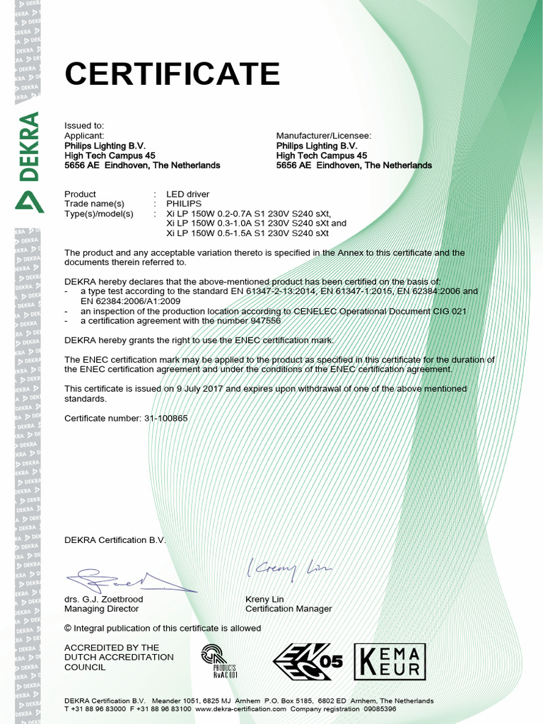 Certificate: DEKRA Certification B.V. Meander 1051, 6825 MJ Arnhem P.O ...