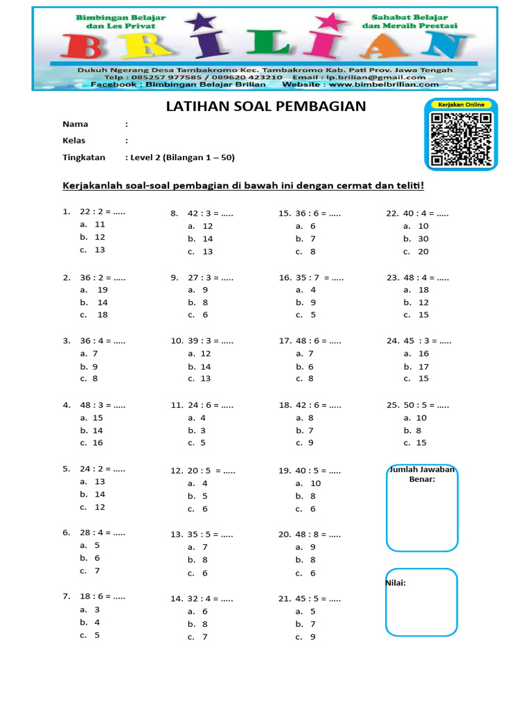 Soal Pembagian Level 2 - Bilangan 1 - 50 | PDF