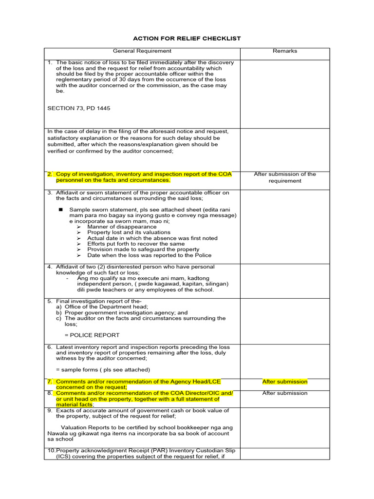Relief Action Checklist Overview | PDF | Law