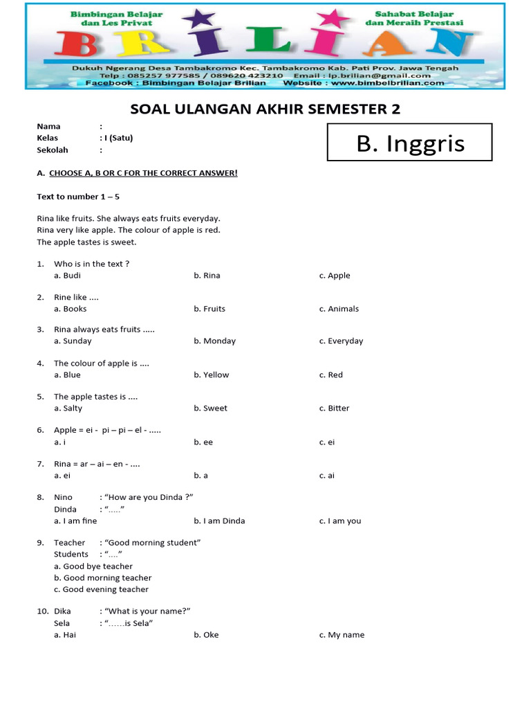 Soal UAS Bahasa Inggris Kelas 1 SD Semester 2 Dan Kunci Jawaban | PDF | Linguistics | Fruit