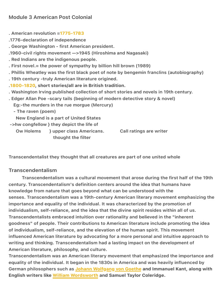 Module 3 American Post Colonial | PDF | Transcendentalism | Beat Generation