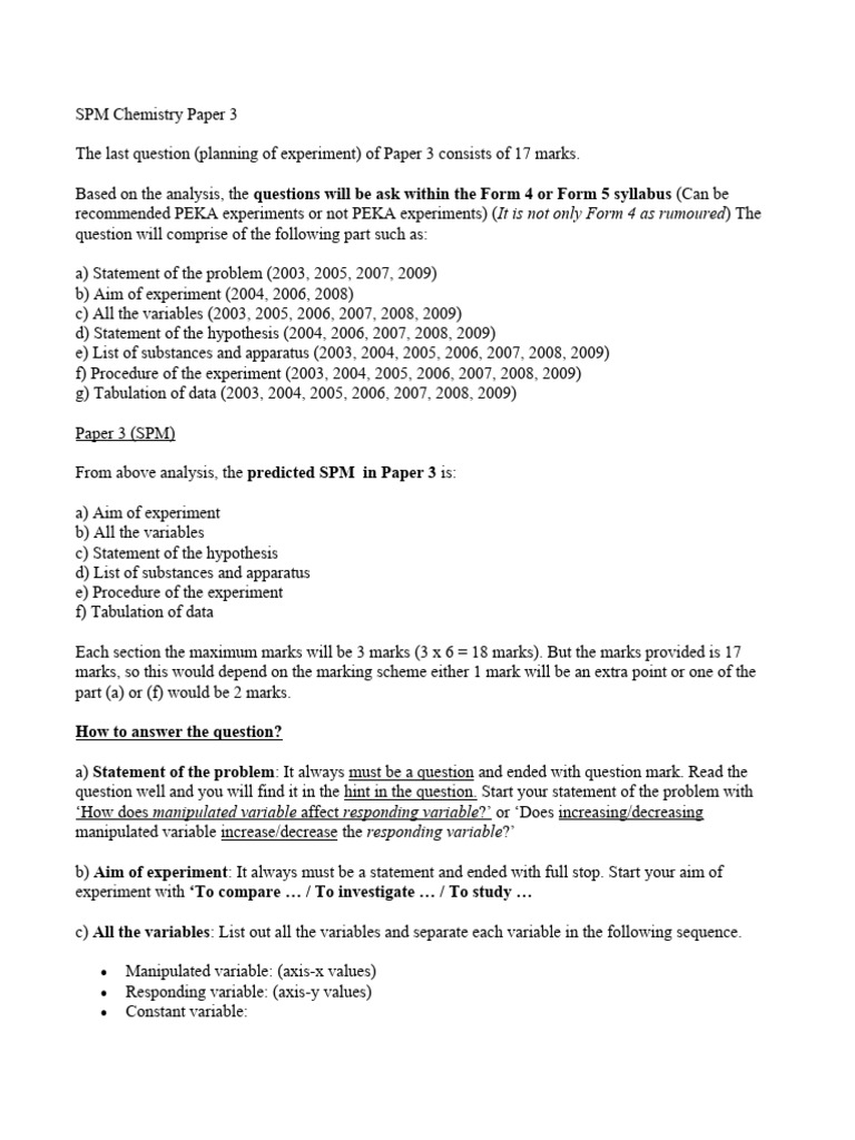 SPM-Chemistry Tips - Paper-3-Answering-Technique | PDF | Experiment | Acid
