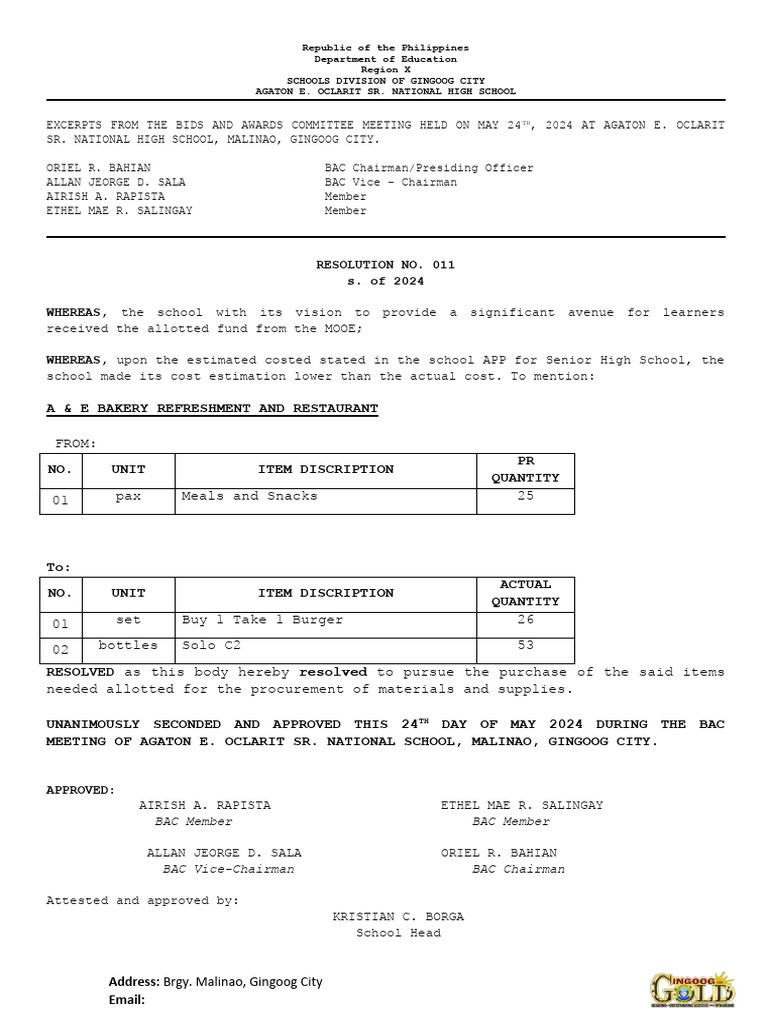 MALINAO SHS-BAC Reso s2024-012 | PDF