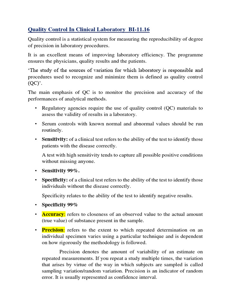 Quality Control in Clinical Laboratory | PDF | Coefficient Of Variation | Sensitivity And ...
