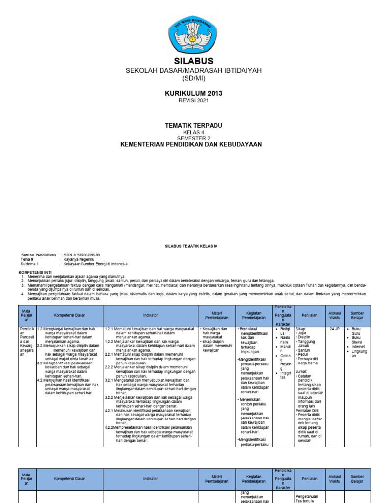 Silabus Kelas 4 Tema 9 2022-2023 | PDF
