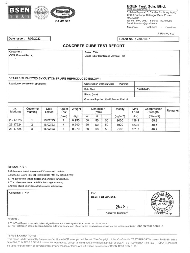 CWP PRECAST - Concrete Cube Test Report | PDF