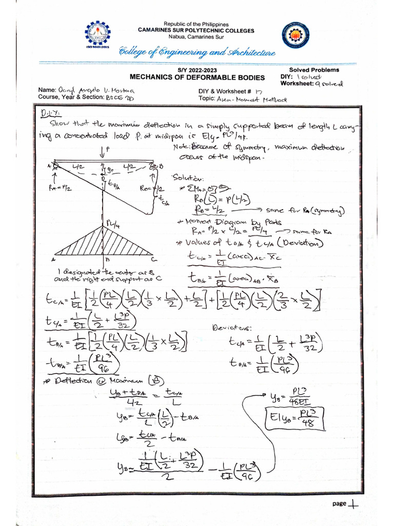 Worksheet 17 Beam Deflections Area Moment Method Mech 223 1 Pdf
