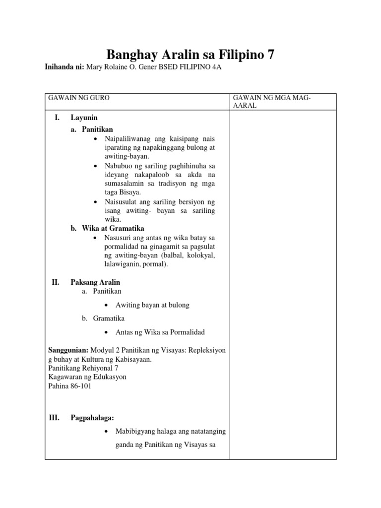 BSED Filipino 4A Lesson Plan | PDF