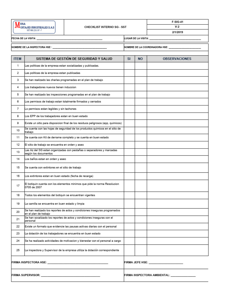 F-SIG-41 Checklist Interno SST | PDF