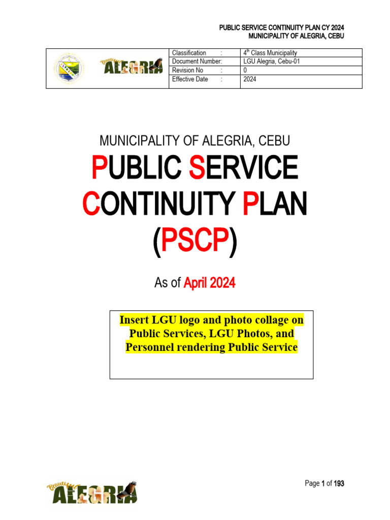 Draft Public Service Continuity Plan (PSCP) As of CY 2024 V1 | PDF | Sanitation | Drinking Water