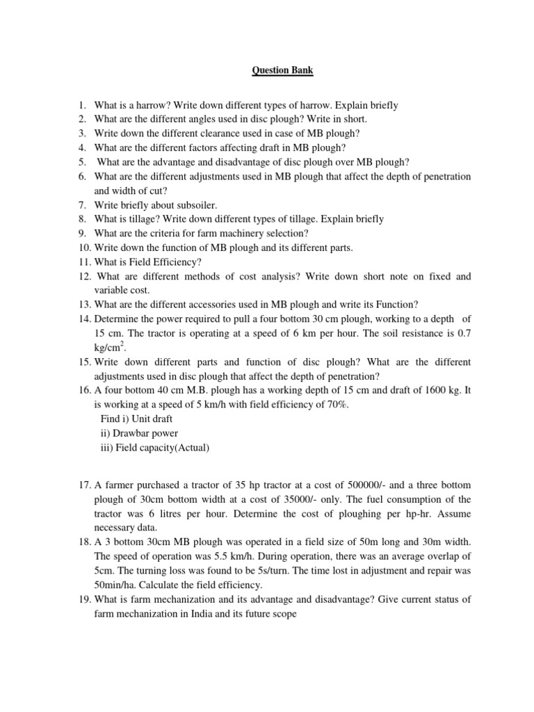 Question Bank FME 1 | PDF | Plough | Tillage
