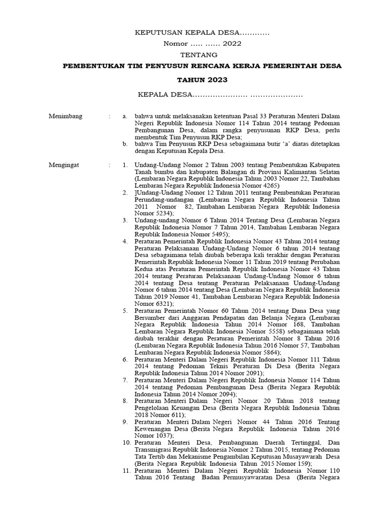 SK Tim Penyusun RKPDes Tahun 2023 (Contoh) | PDF