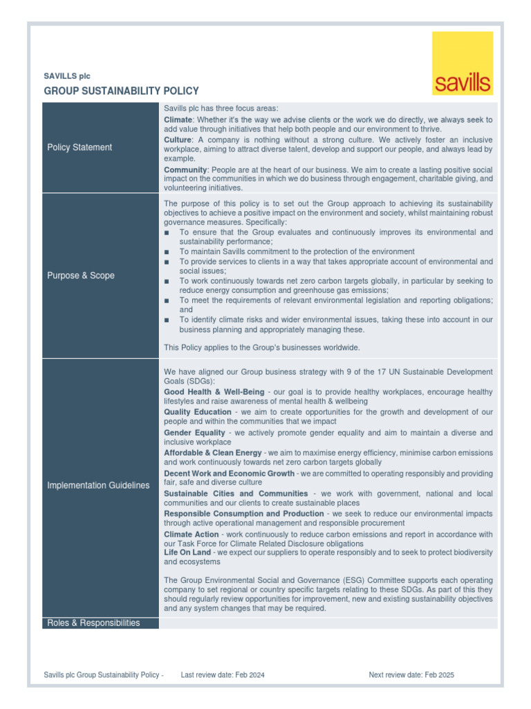 Savills PLC - Group Sustainability Policy 2024 | PDF | Sustainability ...