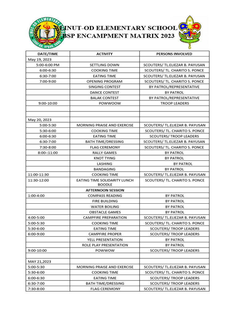 BSP Encampment Matrix of Activities | PDF | Scouting | Youth Movements