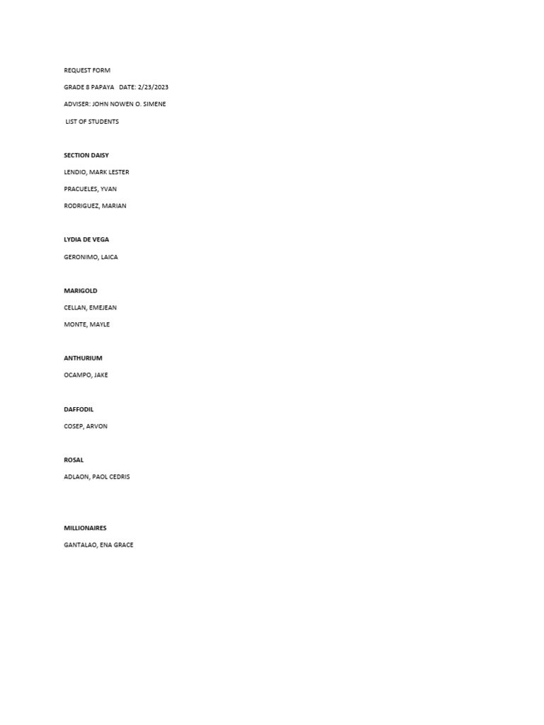 Grade 8 Papaya Request Form | PDF