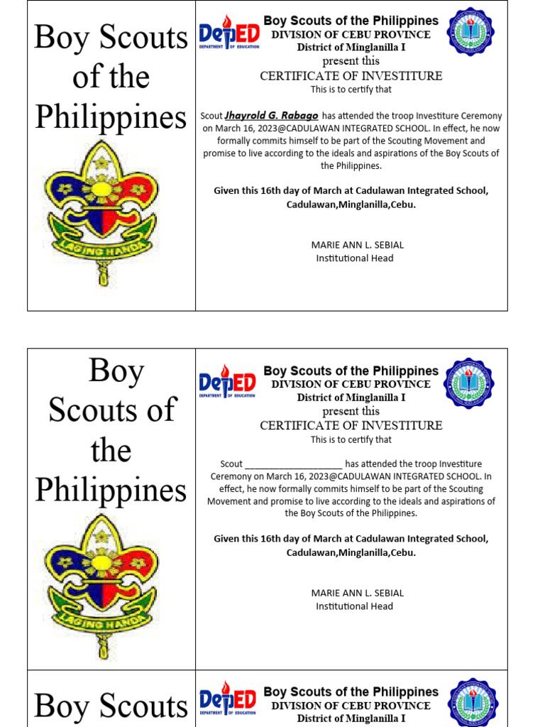 Investiture Certificate | PDF | Scouting And Guiding | Patriotic And National Organizations ...