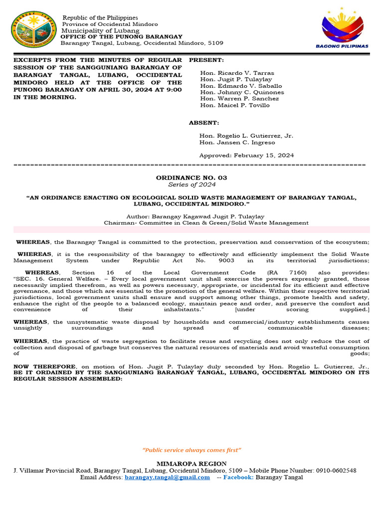 ORD. NO. 03-SOLID WASTE MANAGEMENT | PDF | Municipal Solid Waste | Compost