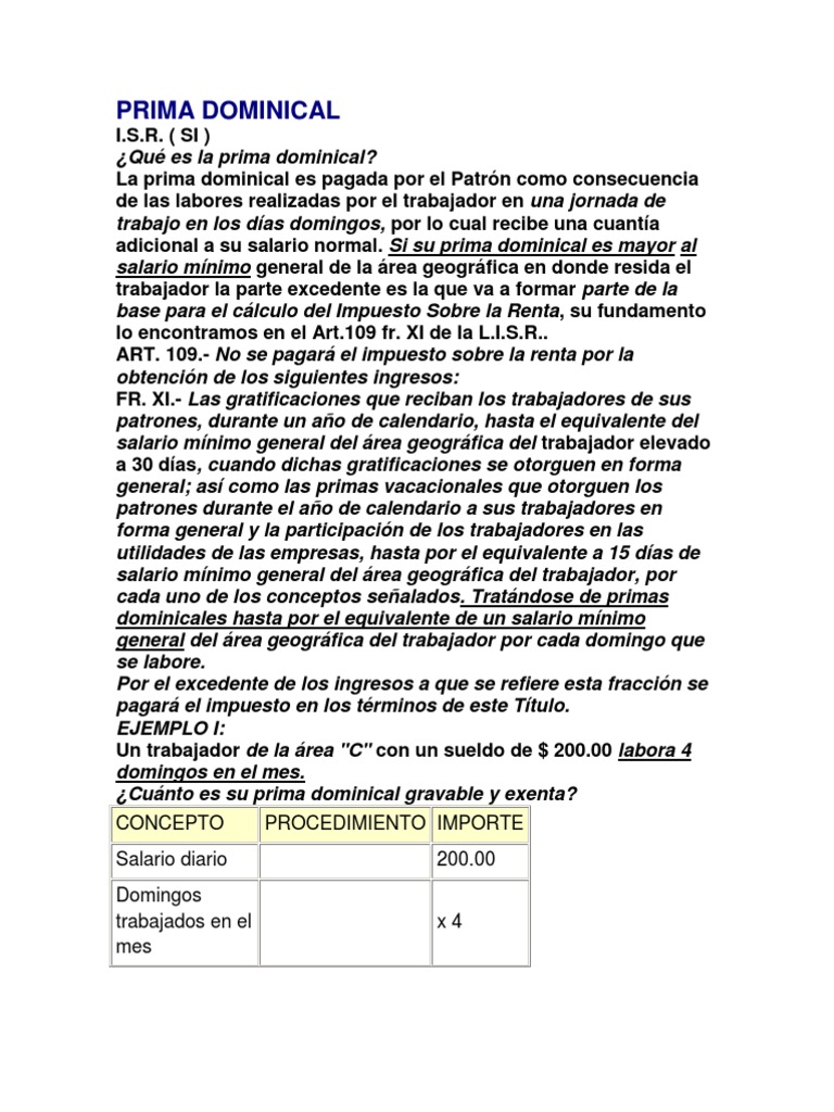 Cálculo y Concepto de Prima Dominical | PDF | Salario mínimo | Salario