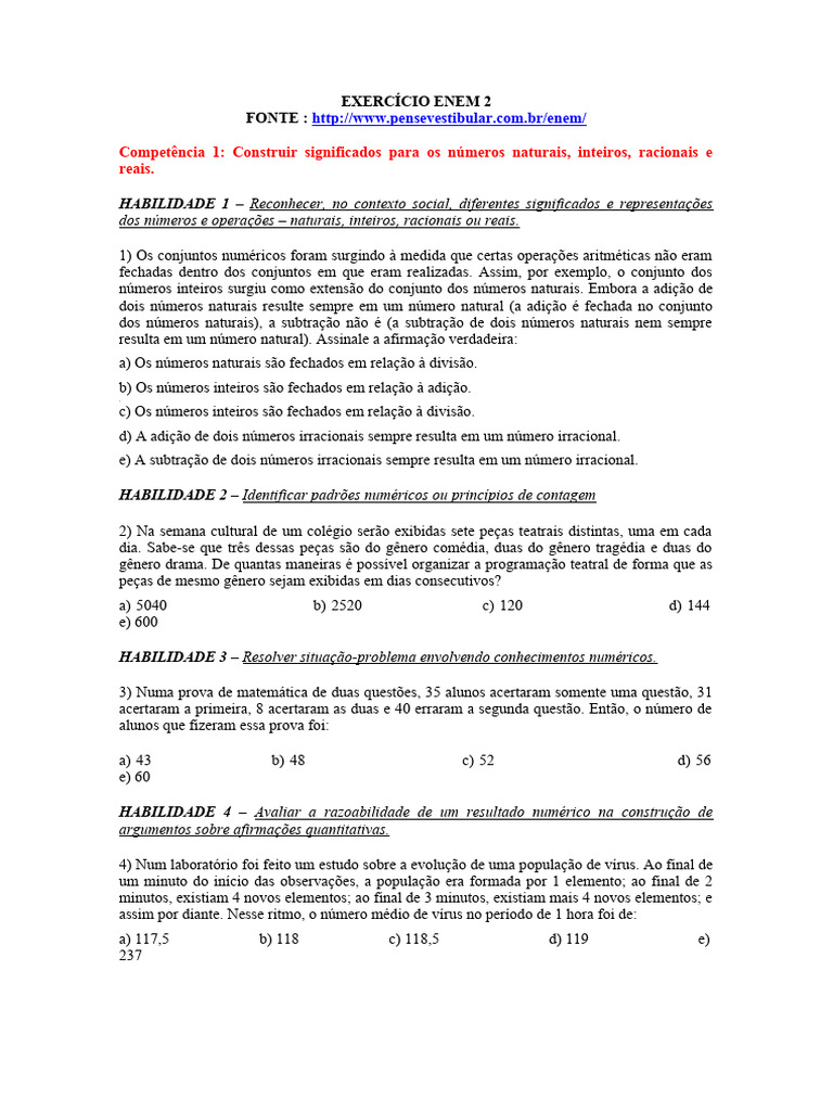 EXERCÍCIO ENEM 2 | Download grátis PDF | Pixel | Números