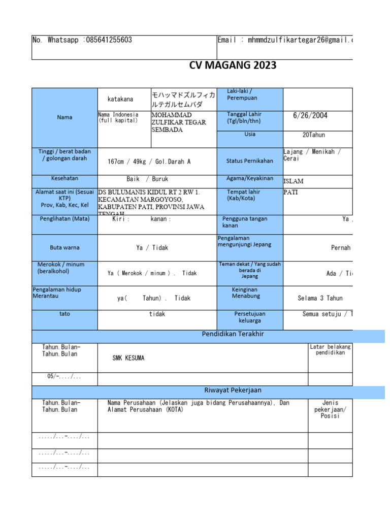 Mohammad Zulfikar CV Seleksi Magang Lpks Shincan - Print - Salin Salinan | PDF