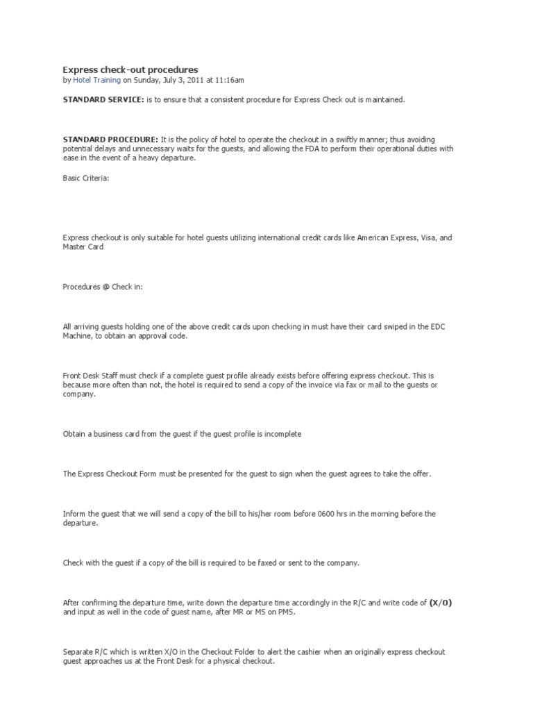 Express Check in Procedure | PDF | Point Of Sale | Invoice