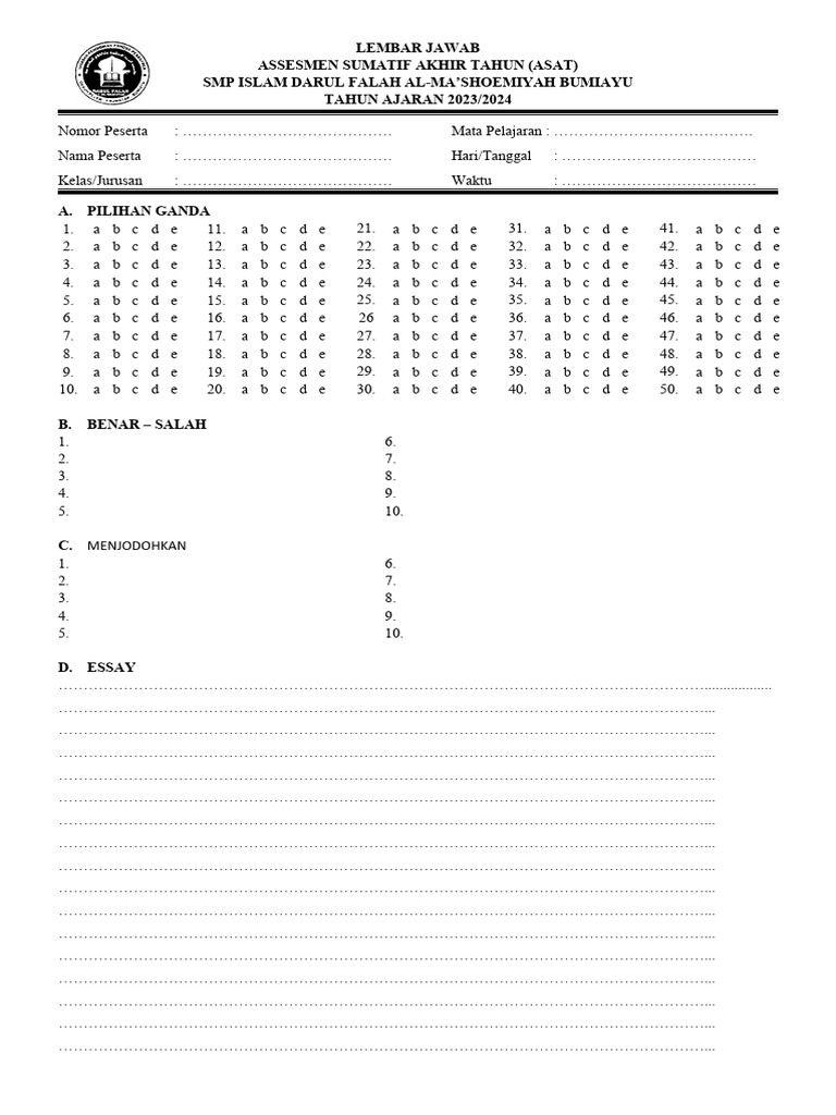 Lembar Jawab Asat 2023-2024 | PDF