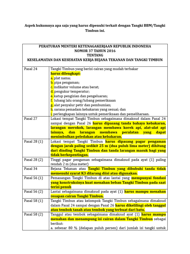 Regulasi K3 Tangki Timbun BBM 2016 | PDF