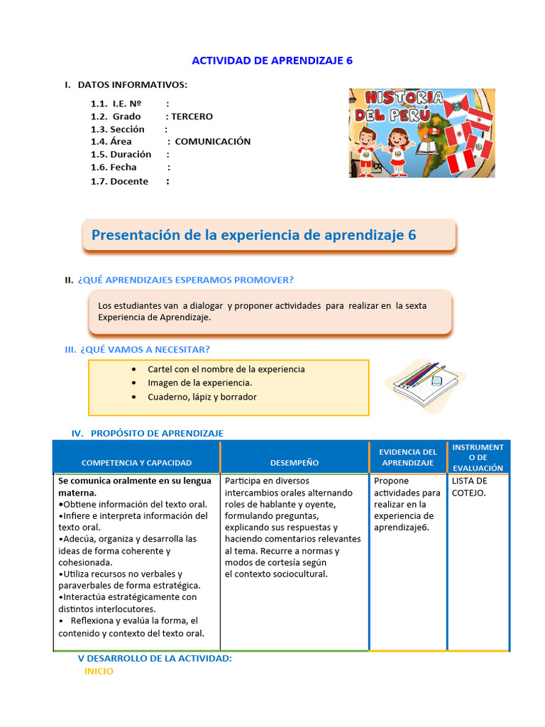 D1 A1 SESION COM. Presentación de La Experiencia de Aprendizaje 6 | PDF | Evaluación | Aprendizaje