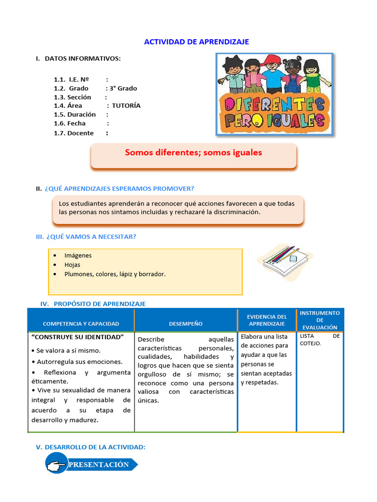 D1 A3 SESION TUT. Somos Diferentes Somos Iguales | PDF | Evaluación ...