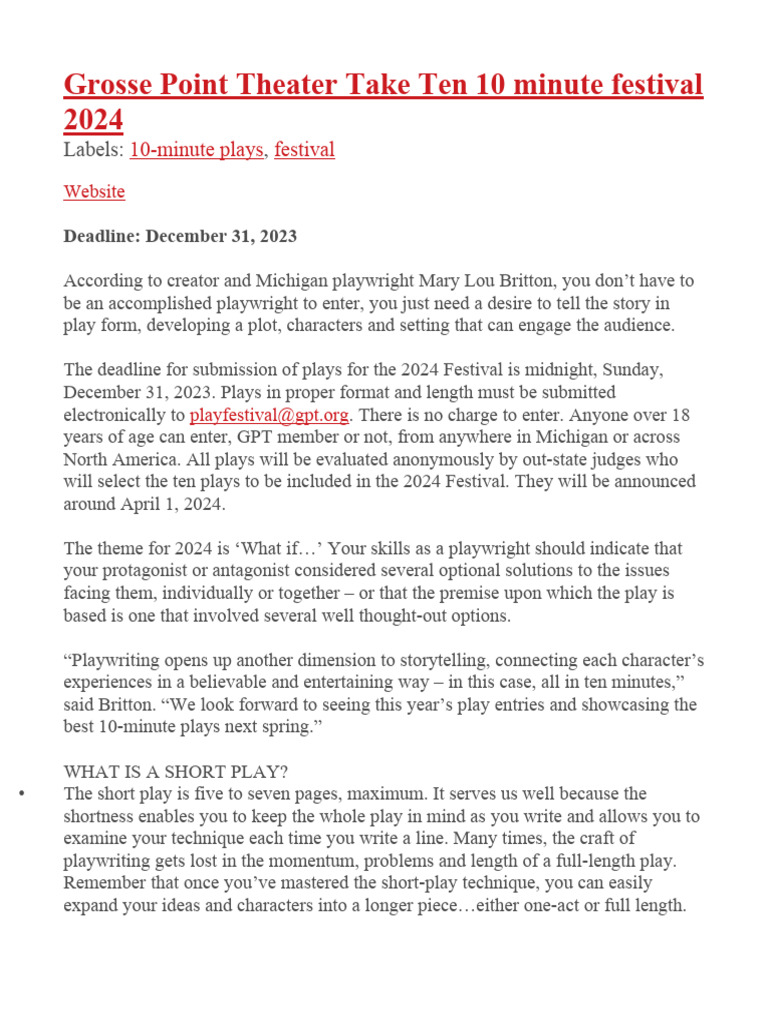 10-Minute Plays, Festival | PDF