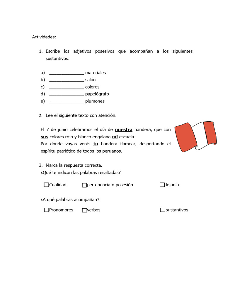 Actividades sobre Adjetivos Posesivos | PDF | Artes del Lenguaje y ...