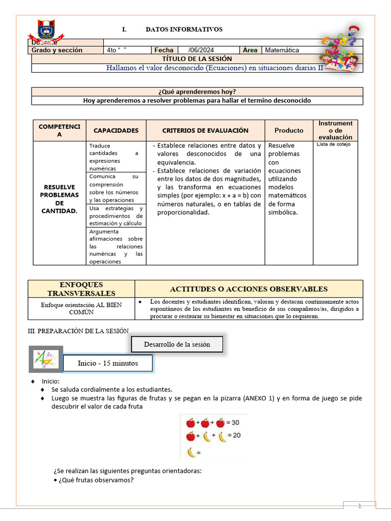SESION de MATEMATICA-hallamos El Valor Desconocido(Ecuaciones) en ...